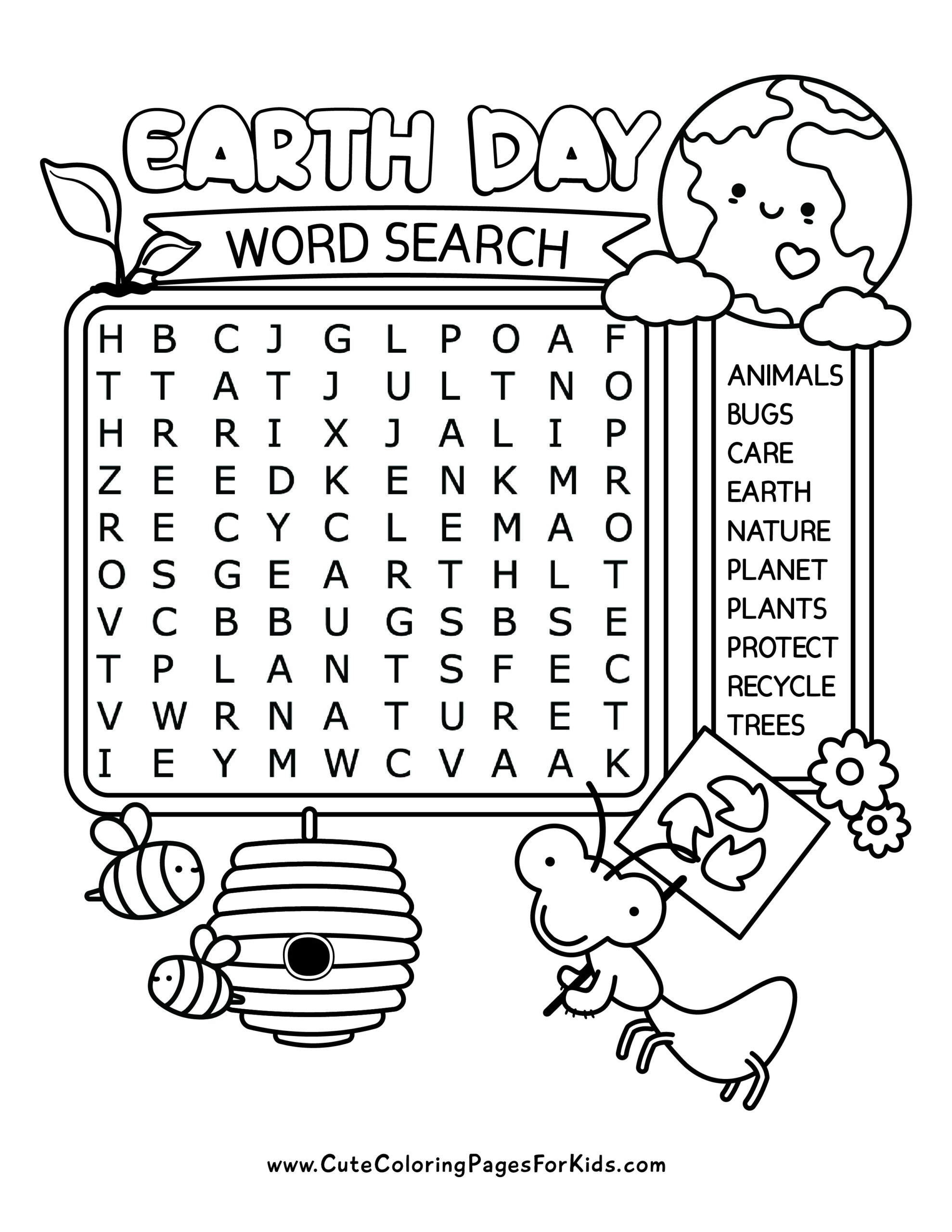 Free Printable Earth Day Word Search Puzzles for Kids - Cute Coloring ...