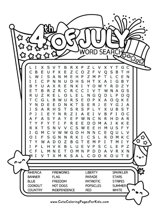 4th Of July Word Search Free Printable Activity For Kids Cute