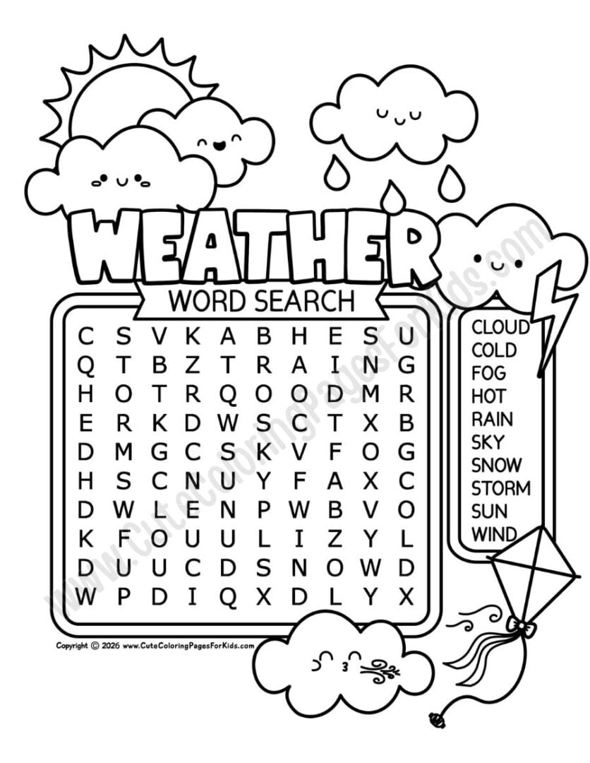 Free Weather Word Search Printables (PDF Downloads) - Cute Coloring ...