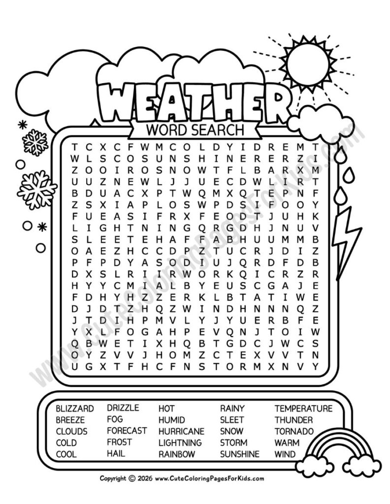 Free Weather Word Search Printables (PDF Downloads) - Cute Coloring ...